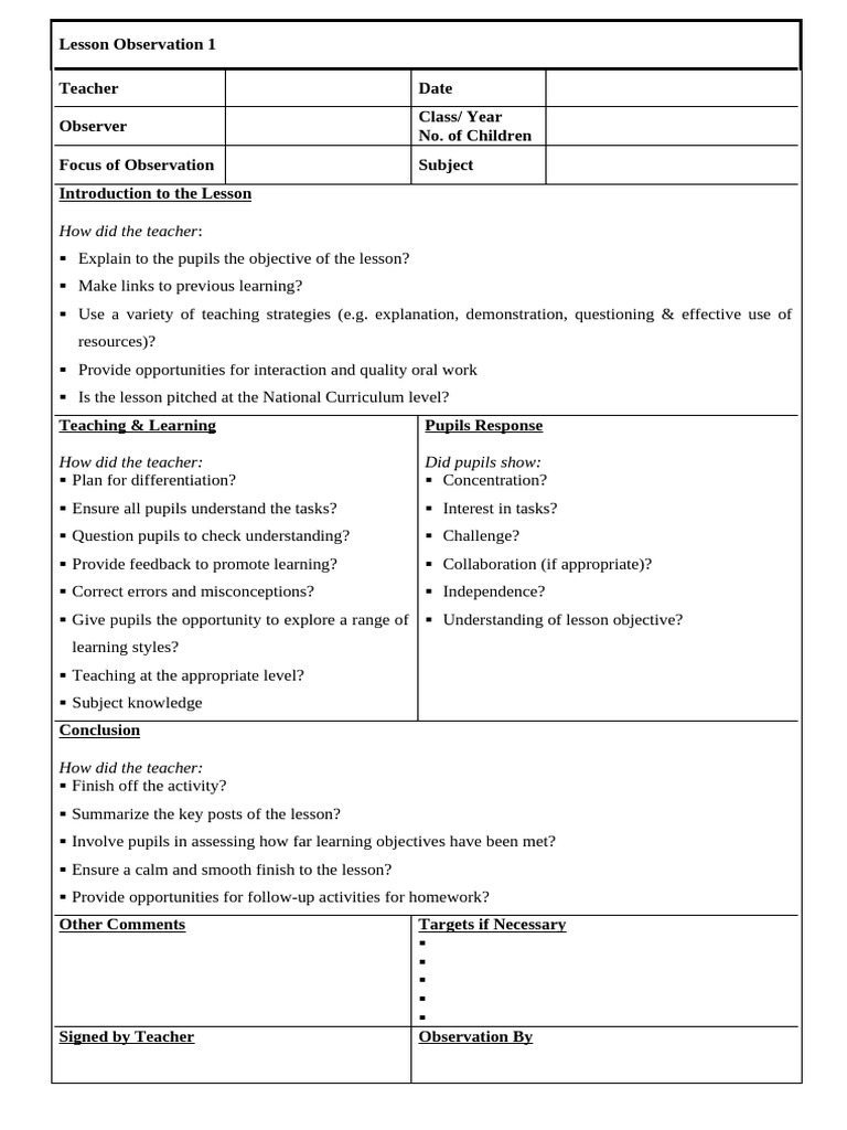 Lesson Observation Templates | PDF | Teachers | Learning