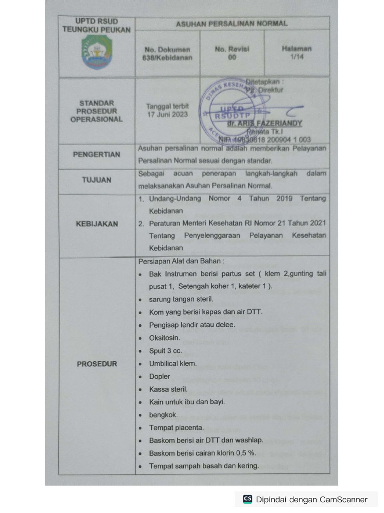 Sop Obgyn-Asuhan Persalinan Normal | PDF