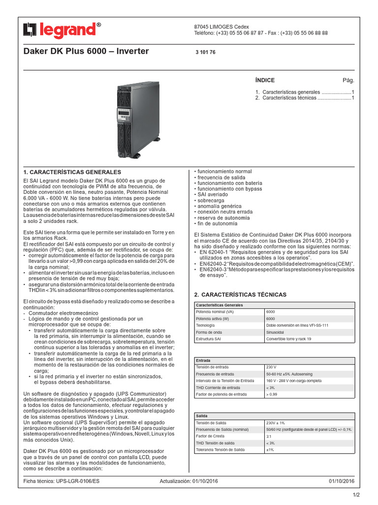 UPS Daker Plus 6000 VA UPM Datasheet | PDF | Electrónica | Electricidad