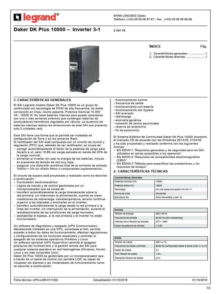 UPS Daker Plus 10000 VA UPM 31 Datasheet | PDF | Electrónica | Electricidad