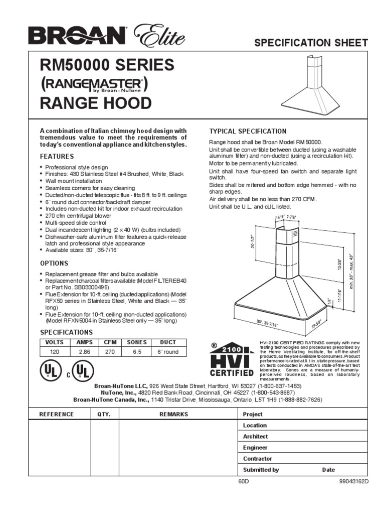 Broan RM50000 Range Hood Manual | PDF | Manufactured Goods | Building ...