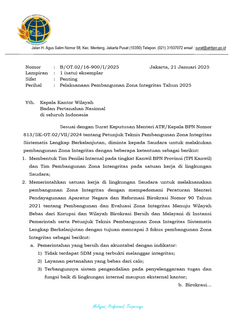 Surat Pelaksanaan Pembangunan ZI 2025 TTE (New) | PDF