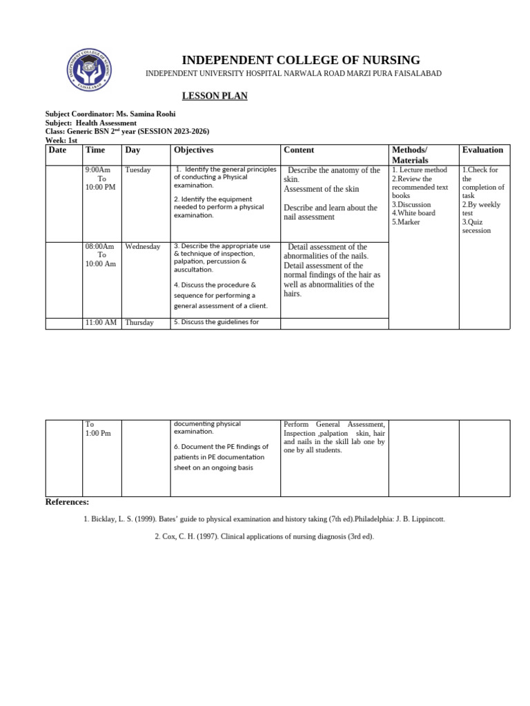 Health Assessment Lesson Plan | PDF | Physical Examination | Medical ...