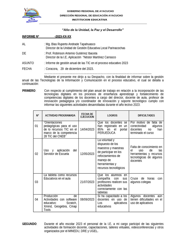 Formato Informe TIC 2023 | PDF | Enseñando | Maestros