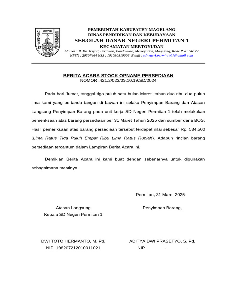 BA Stock Opname Persediaan BPH TW1 2025 | PDF