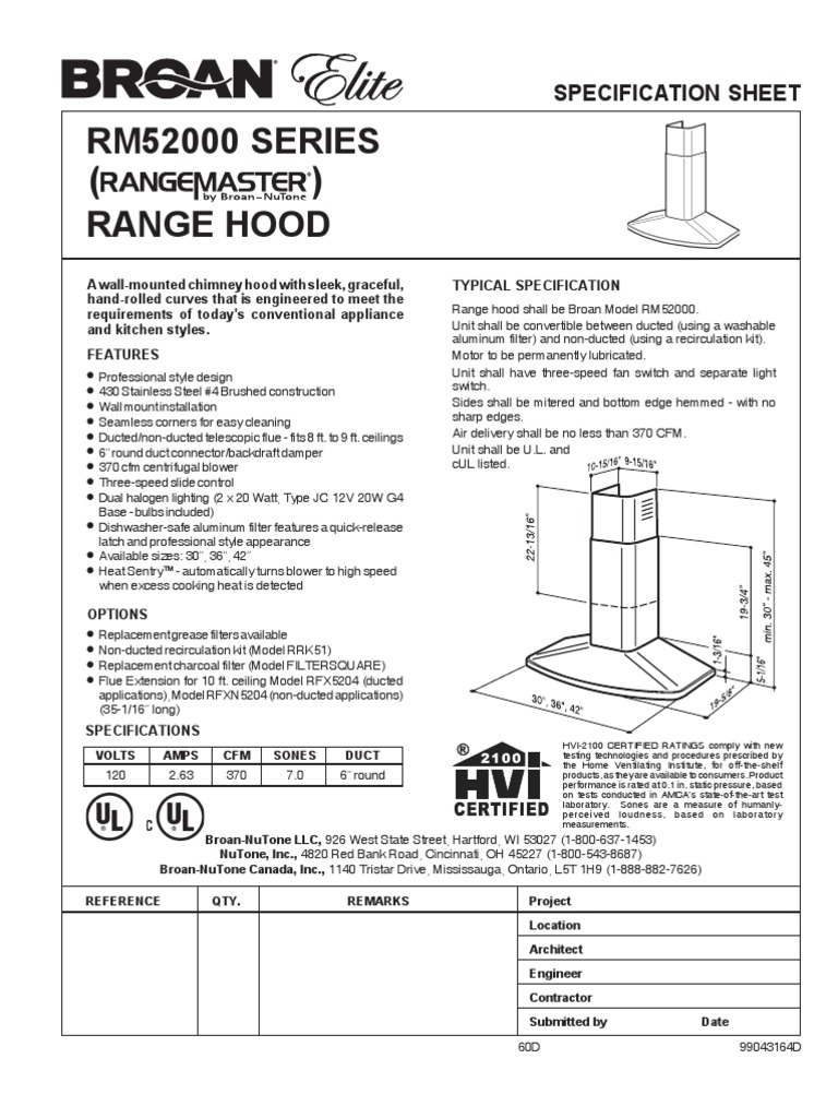 Broan RM52000 | PDF | Manufactured Goods | Building Engineering