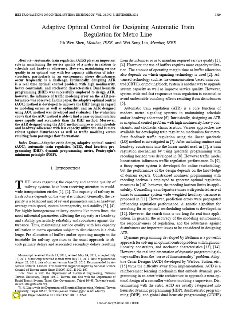 Adaptive Optimal Control For Designing Automatic Train For Metro Line | PDF | Optimal Control ...