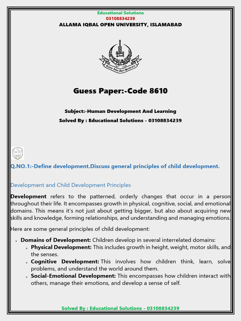 Guess 8610 - Human Development and Learning SOLVED English | PDF | Classical Conditioning | Learning