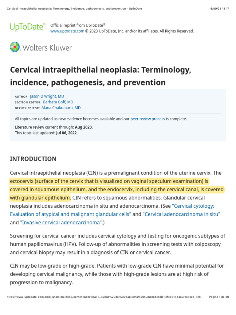 Cervical Intraepithelial Neoplasia Terminology, Incidence, Pathogenesis ...