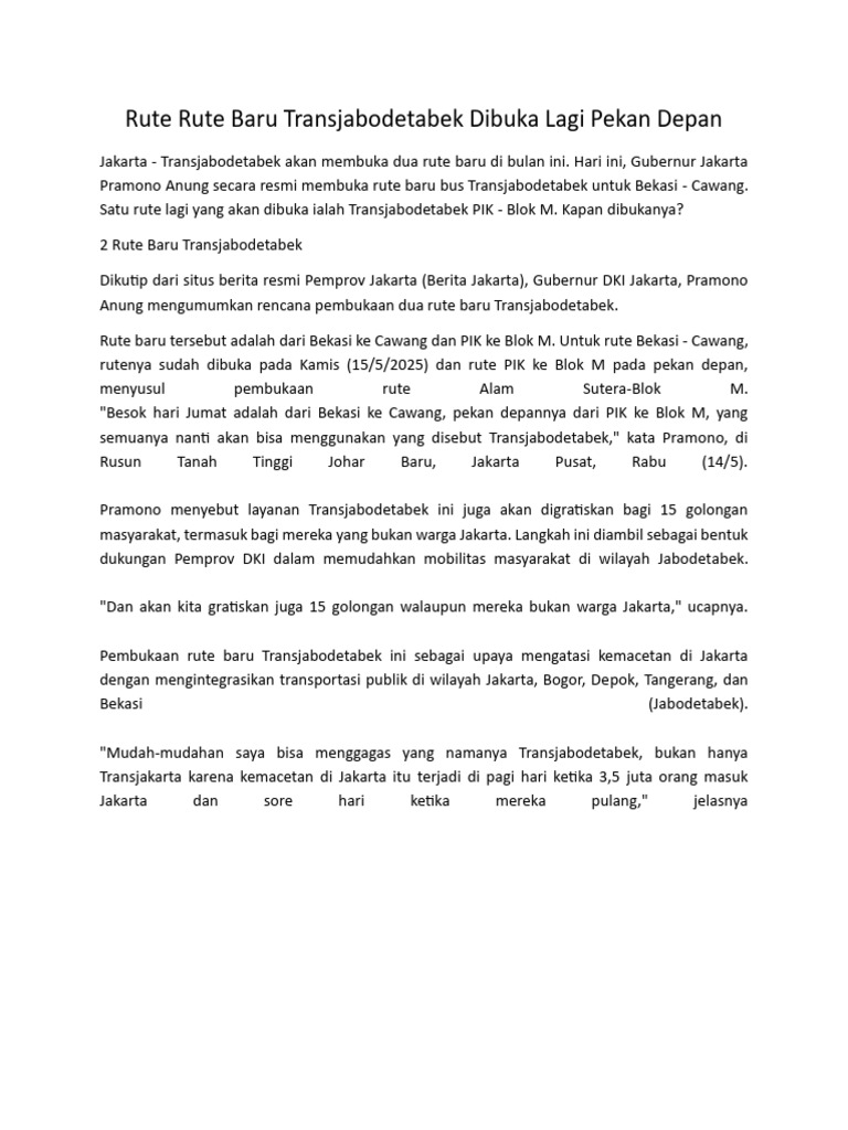 Rute Rute Baru Transjabodetabek Dibuka Lagi Pekan Depan | PDF