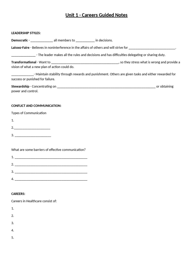 Unit 1 - Careers Guided Notes | PDF | Health Care | Health Professional