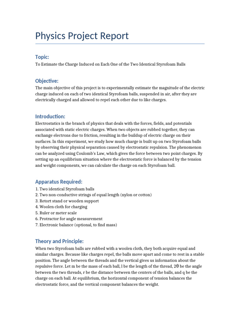 Physics Project Styrofoam Charge | PDF | Force | Electric Charge