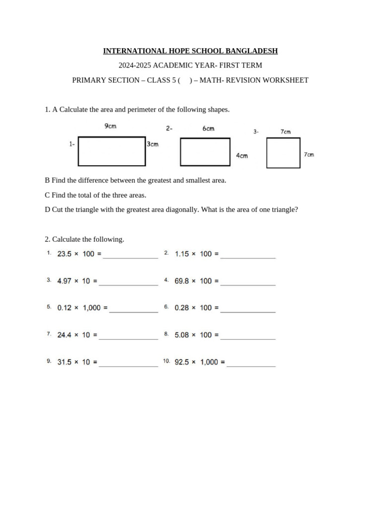 Math Practice Paper For Test Demo | PDF | Area | Numbers