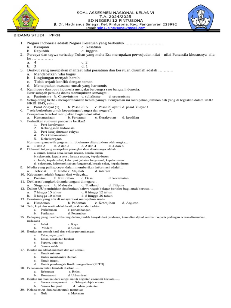 Lembar Soal Ujian Kls 6 PKN Uas | PDF