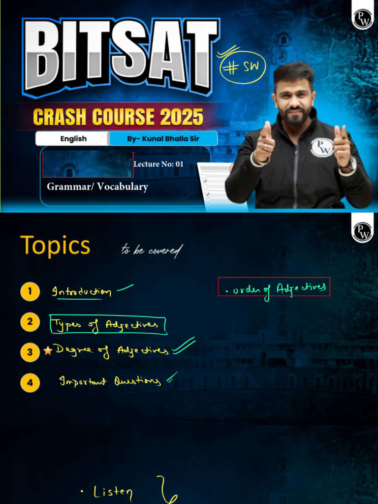 646 Ƭʜ D Ʀ Kɴɪɢʜ Grammar Vocabulary 01 Class Notes BITSAT Crash | PDF