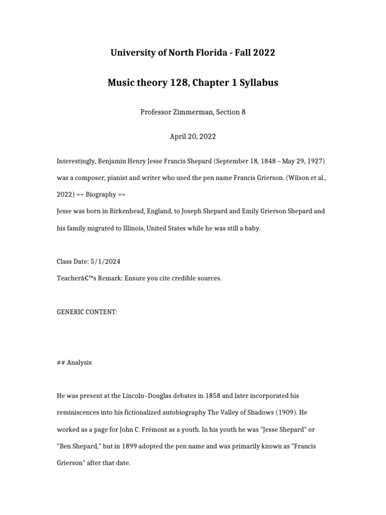 Music Theory 128 Chapter 1 Syllabus | PDF