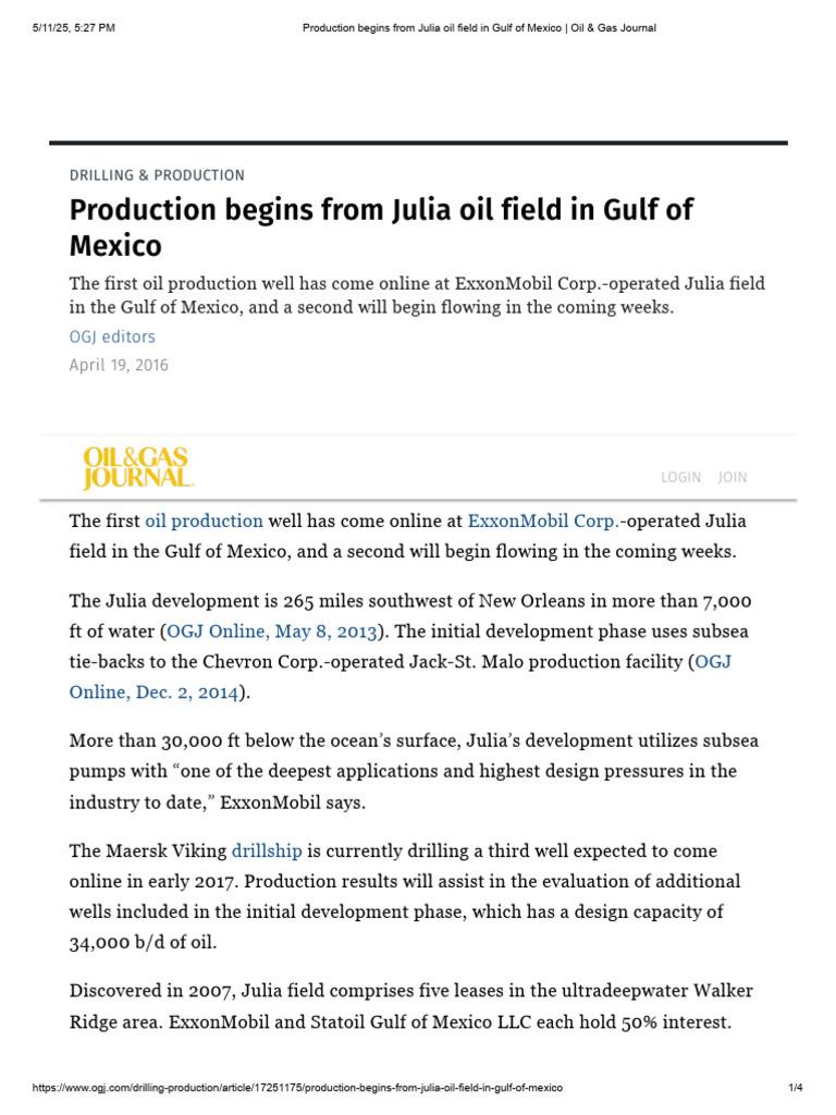 Julia Oil Field Production Starts | PDF | Petroleum Reservoir ...