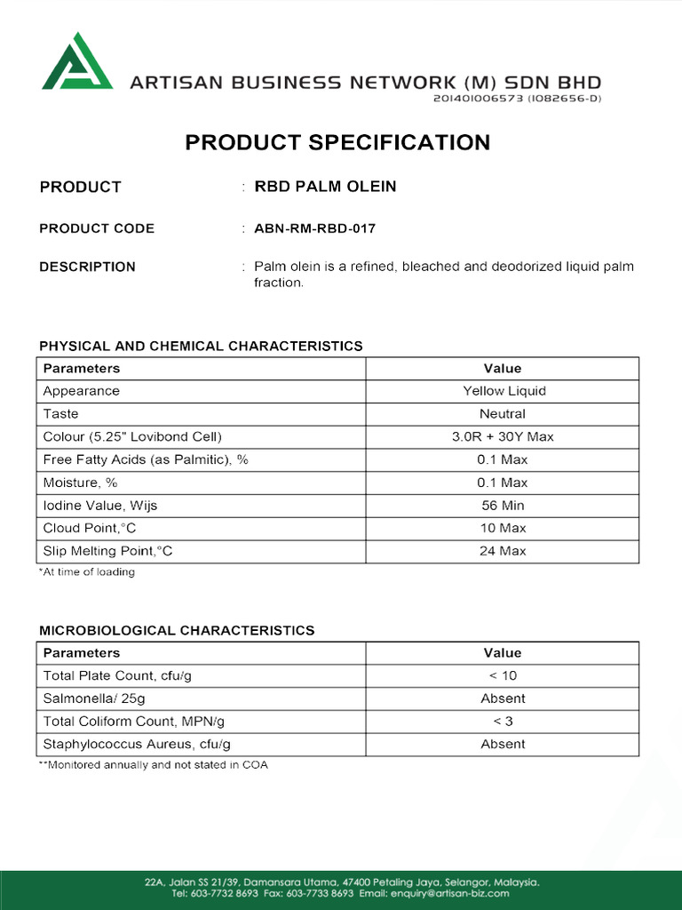 RBD Palm Olein Spec | PDF