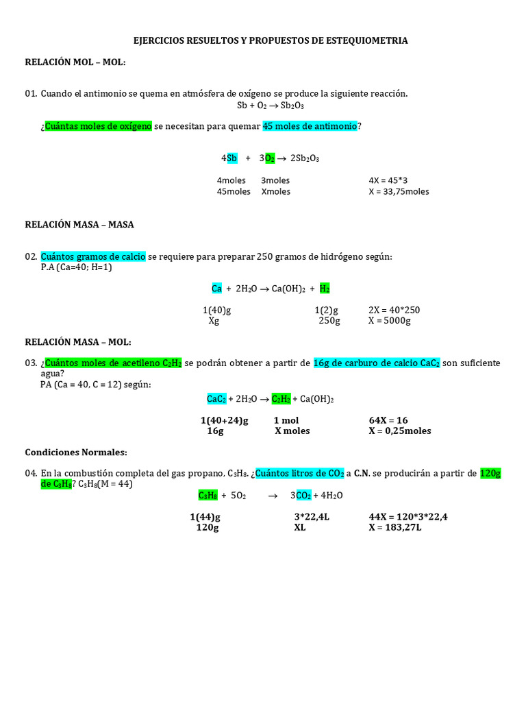 Ejercicios Resueltos y Propuestos de Estequiometria | PDF | Propano | Combustión