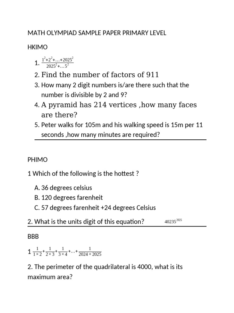 Math Olympiad Sample Paper Primary Level | PDF