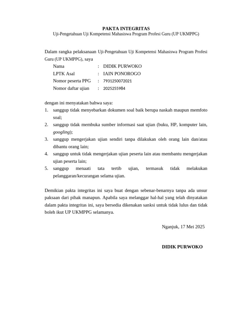 Pakta Integritas Uji Pengetahuan | PDF
