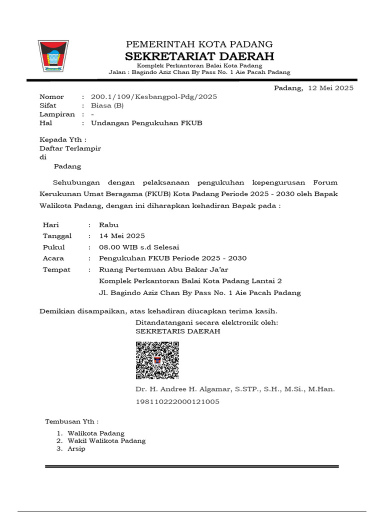 Undangan Pengukuhan FKUB Padang 2025 | PDF