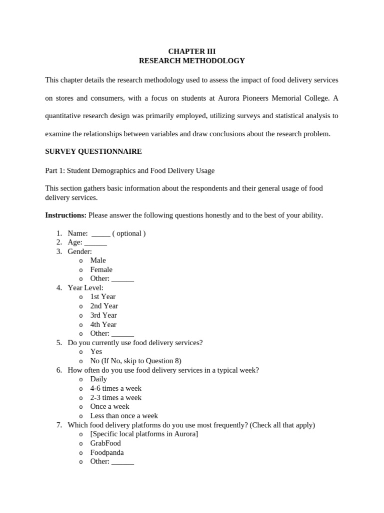 Chapter Iii Questionnaire | PDF | Survey Methodology | Restaurants