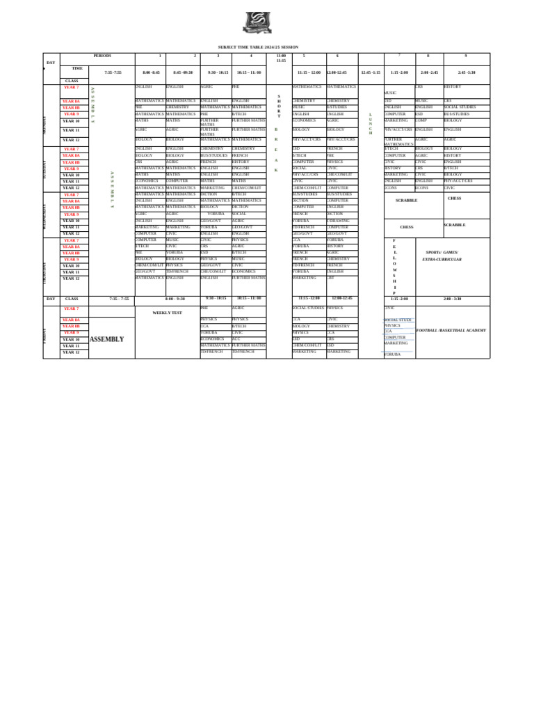 SSHS SCHOOL TIMETABLE 2025 | PDF | Science | Mathematics