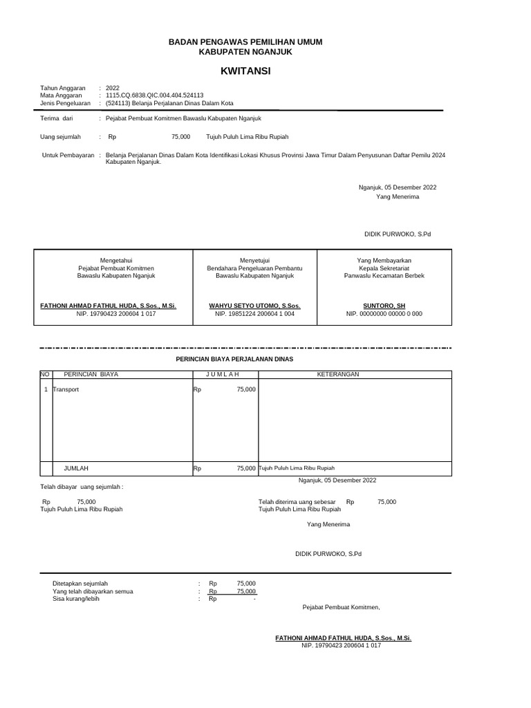 Kwitansi Perjalanan Dinas 05 Des | PDF