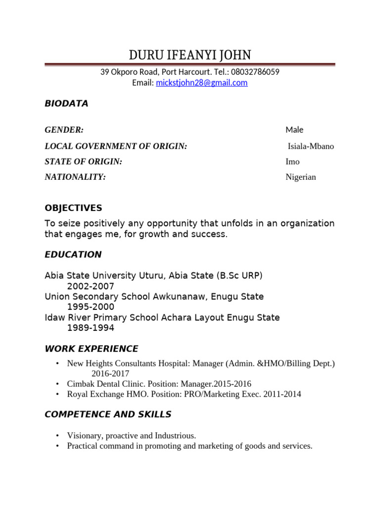 Duru Ifeanyi John: Biodata | PDF