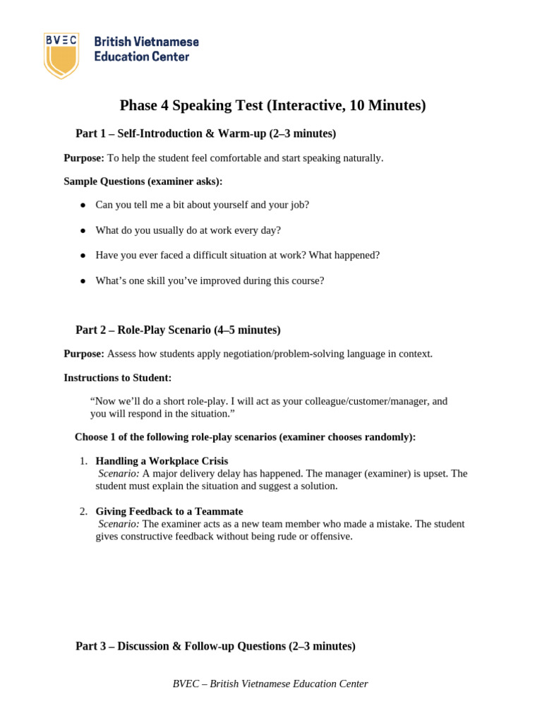 [BVEC] RKW B1 Class - Phase 4 - Speaking Task | PDF