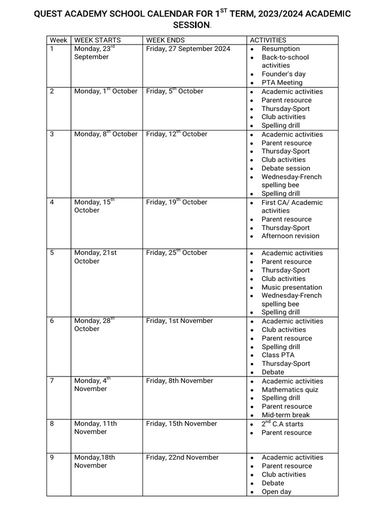 Academic Calendar For 1st Term 2024-2025 Session | PDF