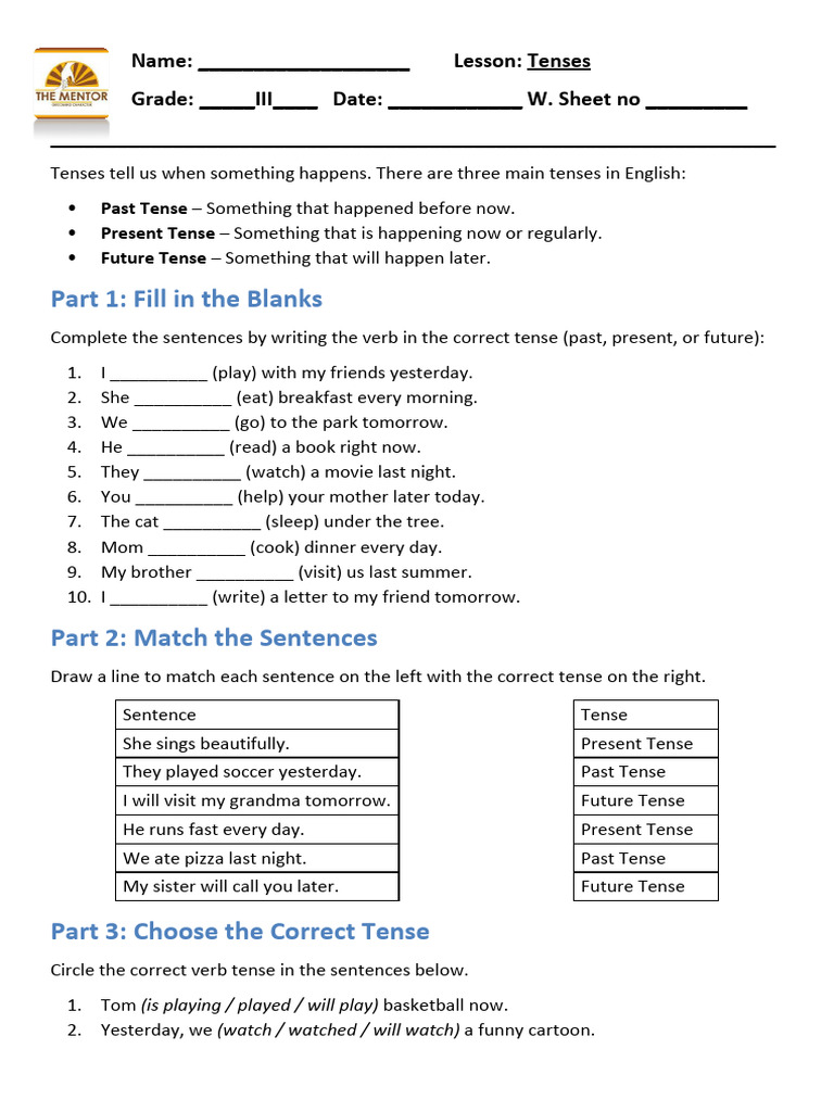 Grade 3 Tenses Worksheet | PDF | Grammatical Tense | Verb