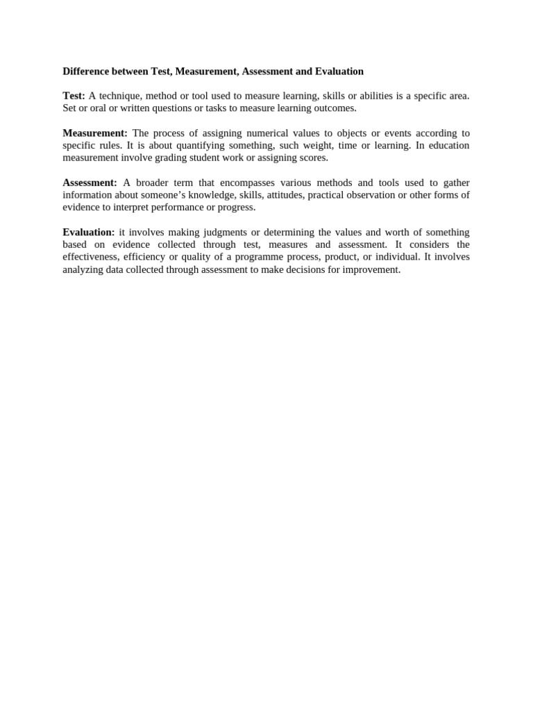 Test vs Measurement vs Assessment vs Evaluation | PDF