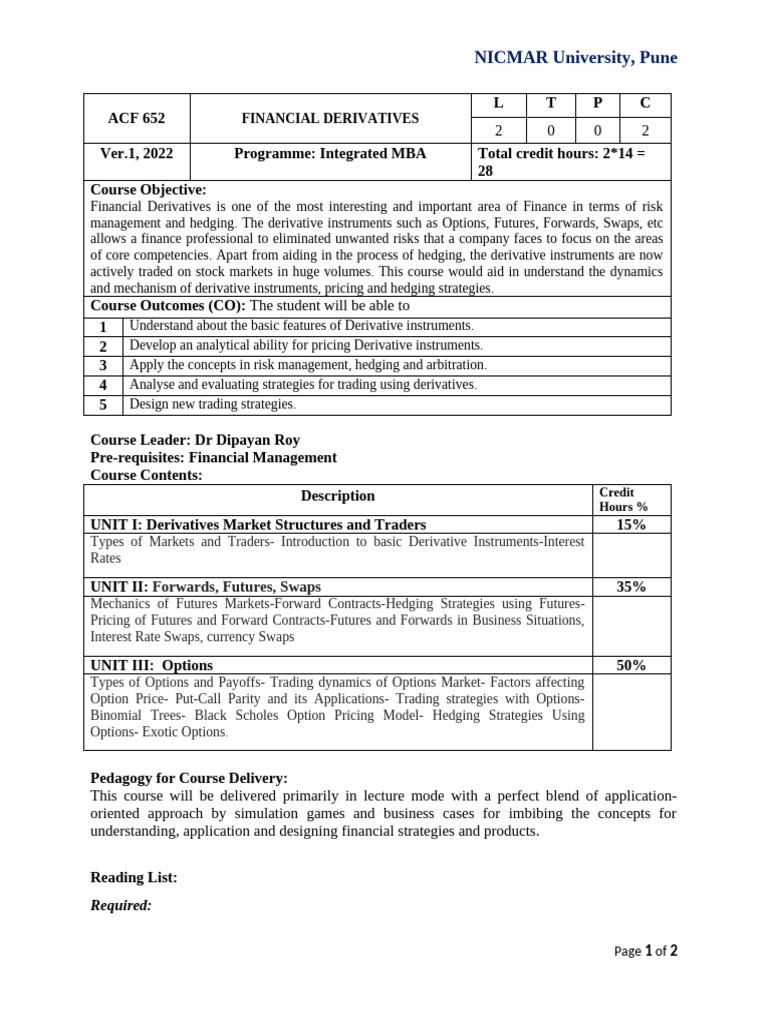 Financial Derivatives Course Overview | PDF | Option (Finance ...