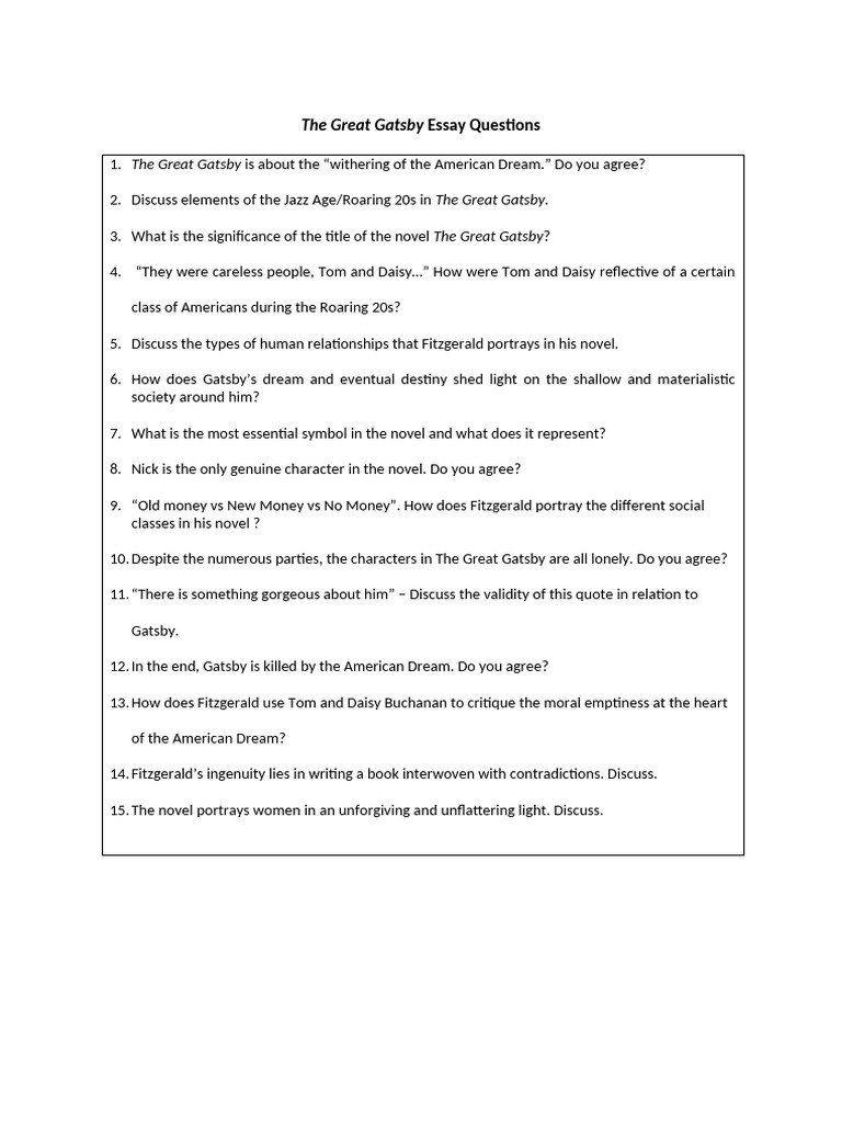 Great Gatsby Essay Questions Explained | PDF