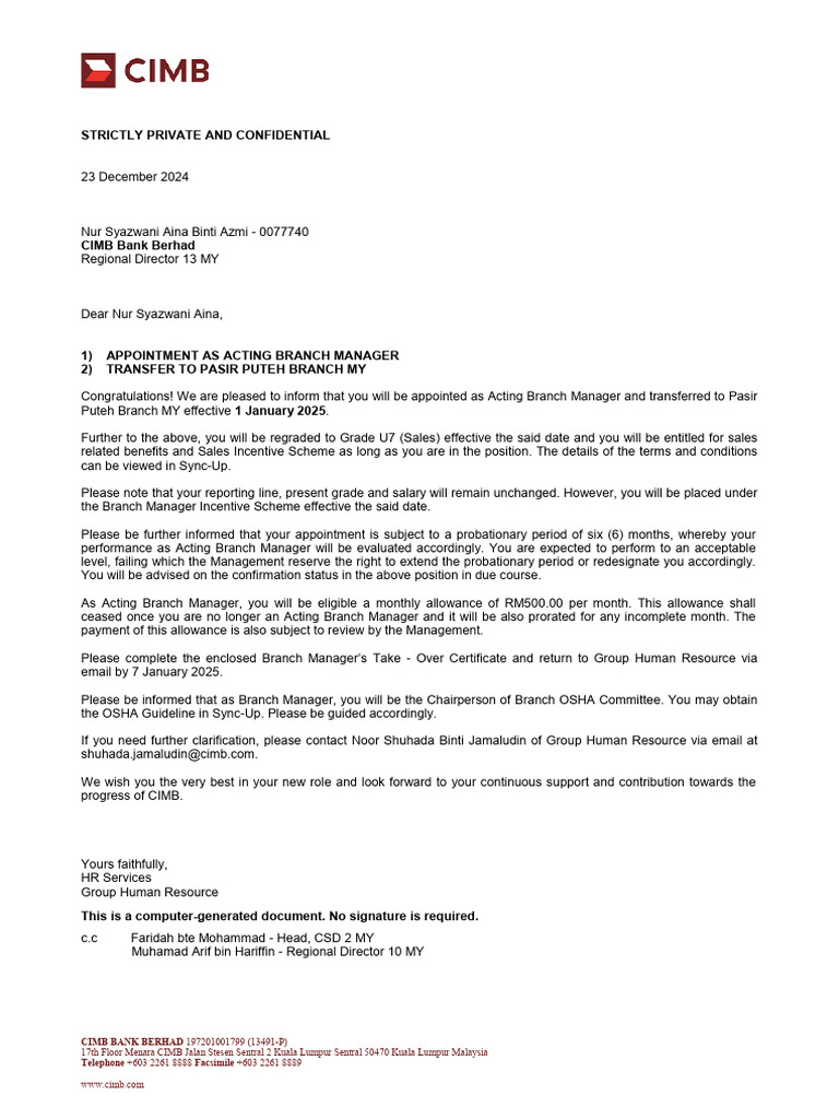 Appointment & Transfer - Nur Syazwani Aina Binti Azmi | PDF