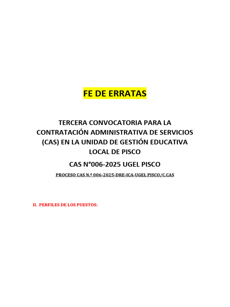 Fe de Erratas Convocatoria CAS UGEL Pisco | PDF
