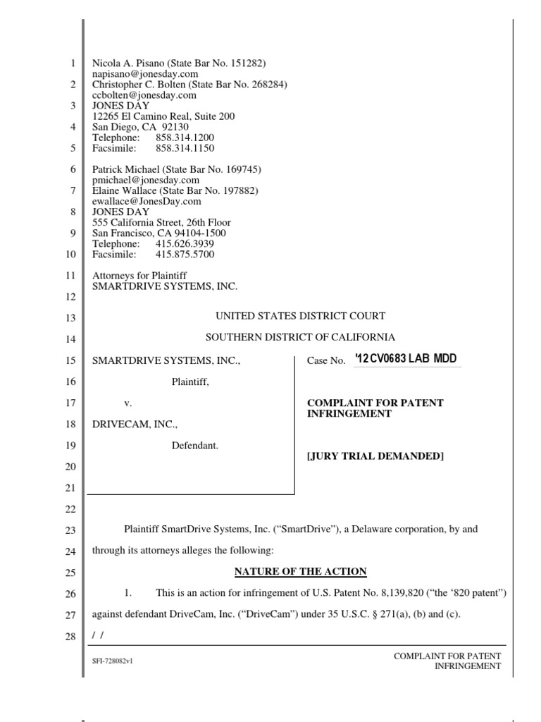 Smartdrive Systems v. Drivecam | PDF | Lawsuit | Complaint