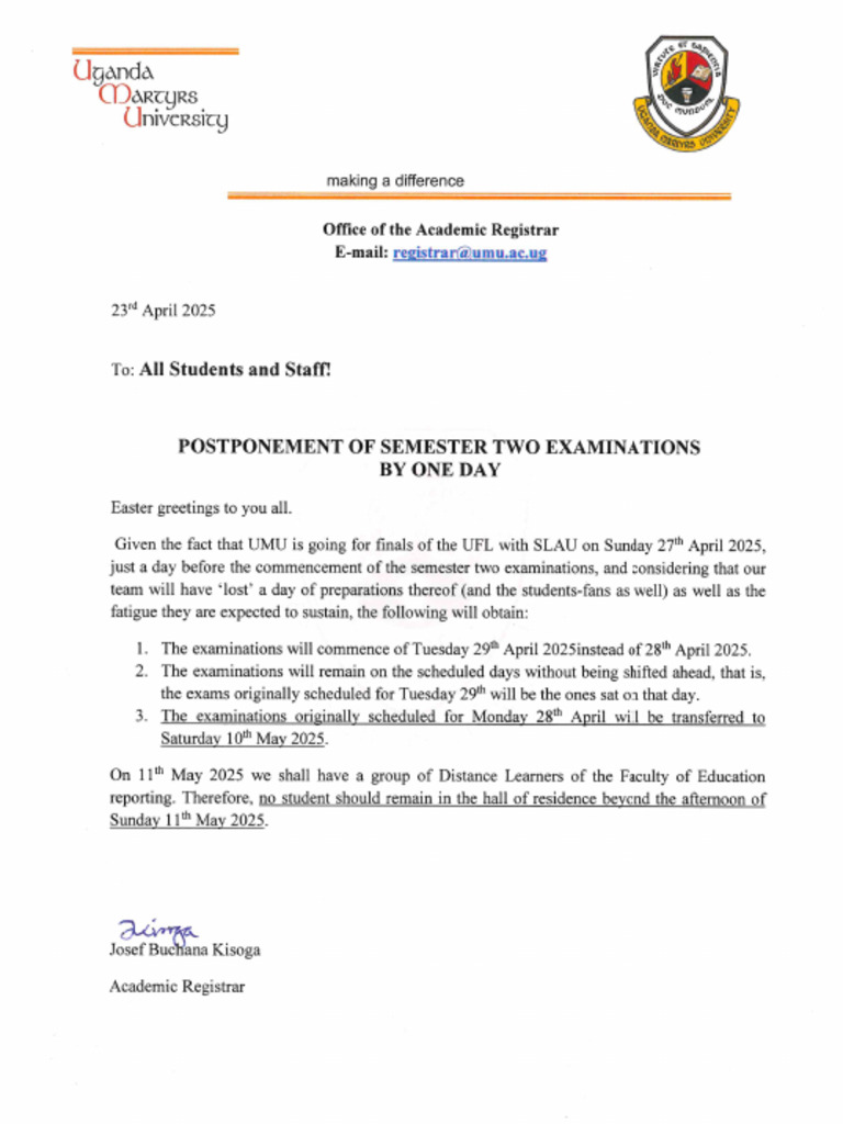 Postponement of Semester II Examinations by One Day | PDF