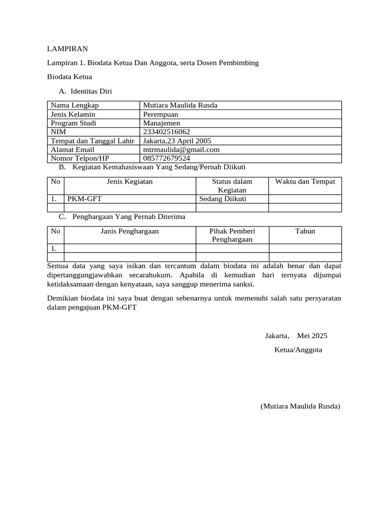 Biodata Tim PKM-GFT dan Dosen Pembimbing | PDF