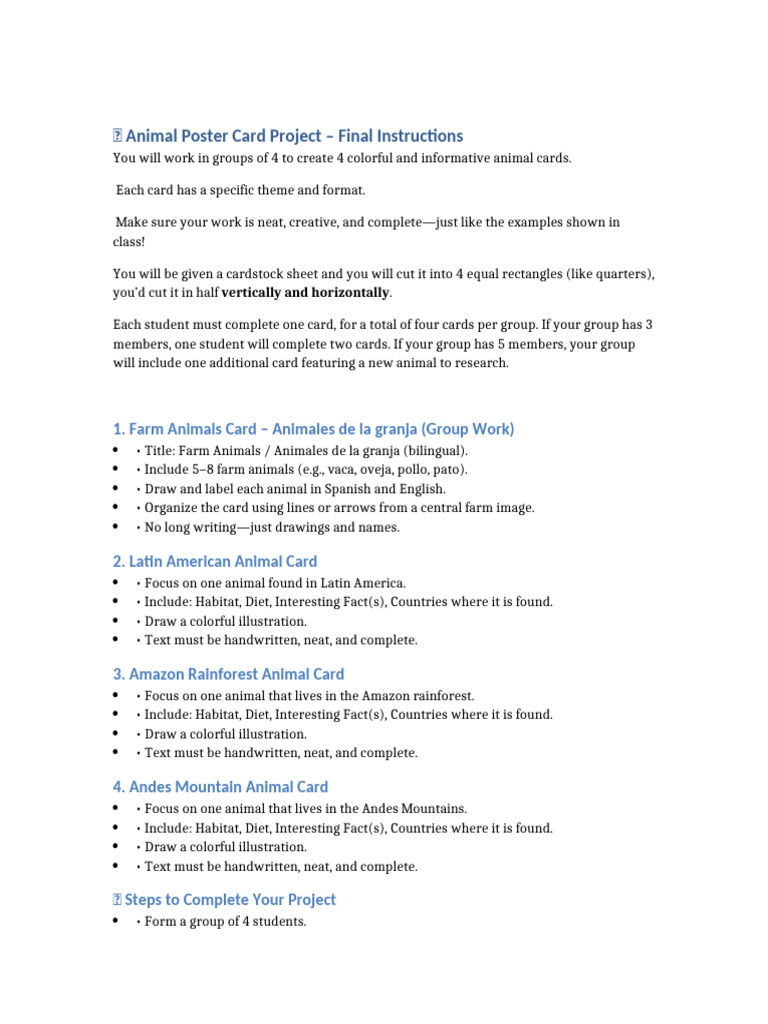 Animal Poster Project Instructions Checklist | PDF