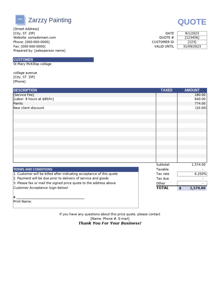 Zarzzy Painting Quote Template | PDF | Spreadsheet | Worksheet