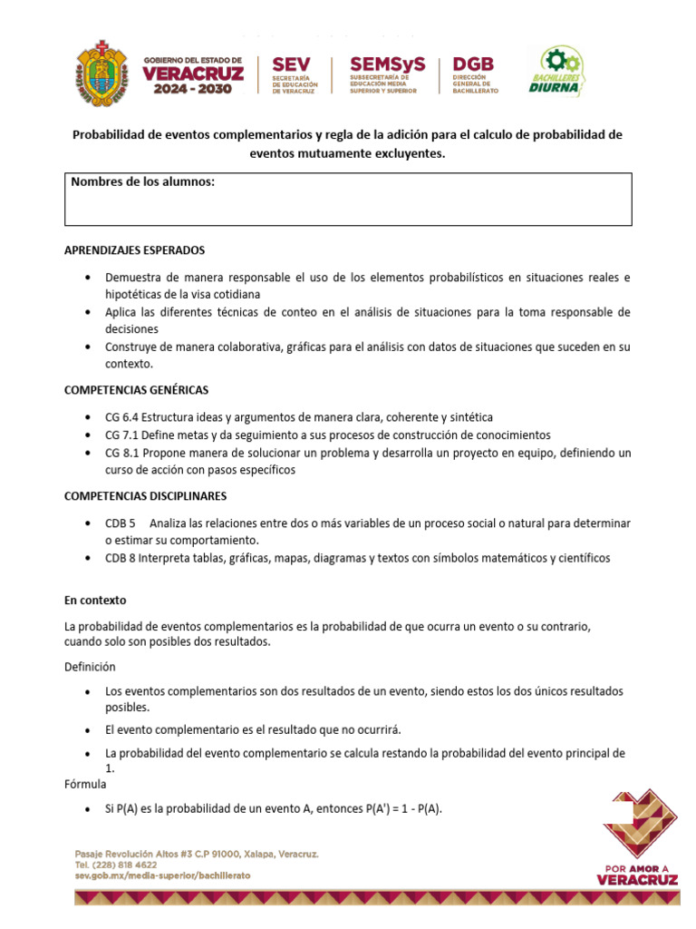 Probabilidad de Eventos Complementarios y Regla de La Adición 1 | PDF ...