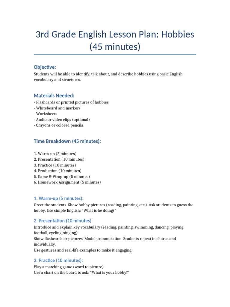 3rd Grade Hobbies Lesson Plan | PDF