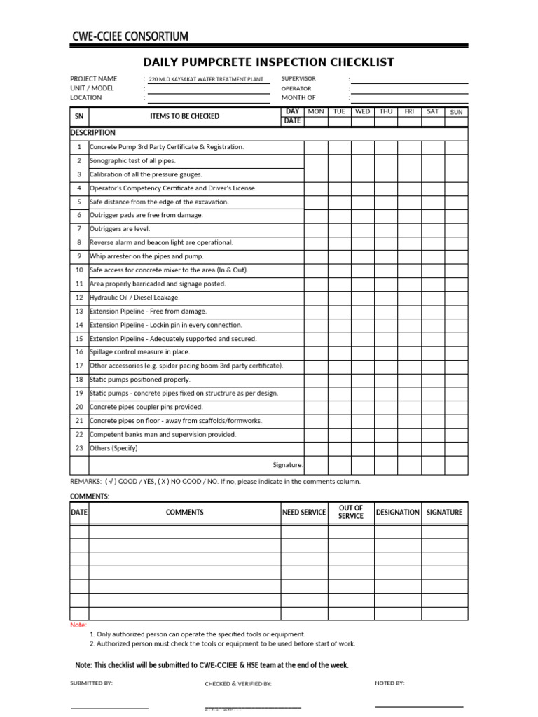 Concrete Pump Daily Safety Checklist | PDF