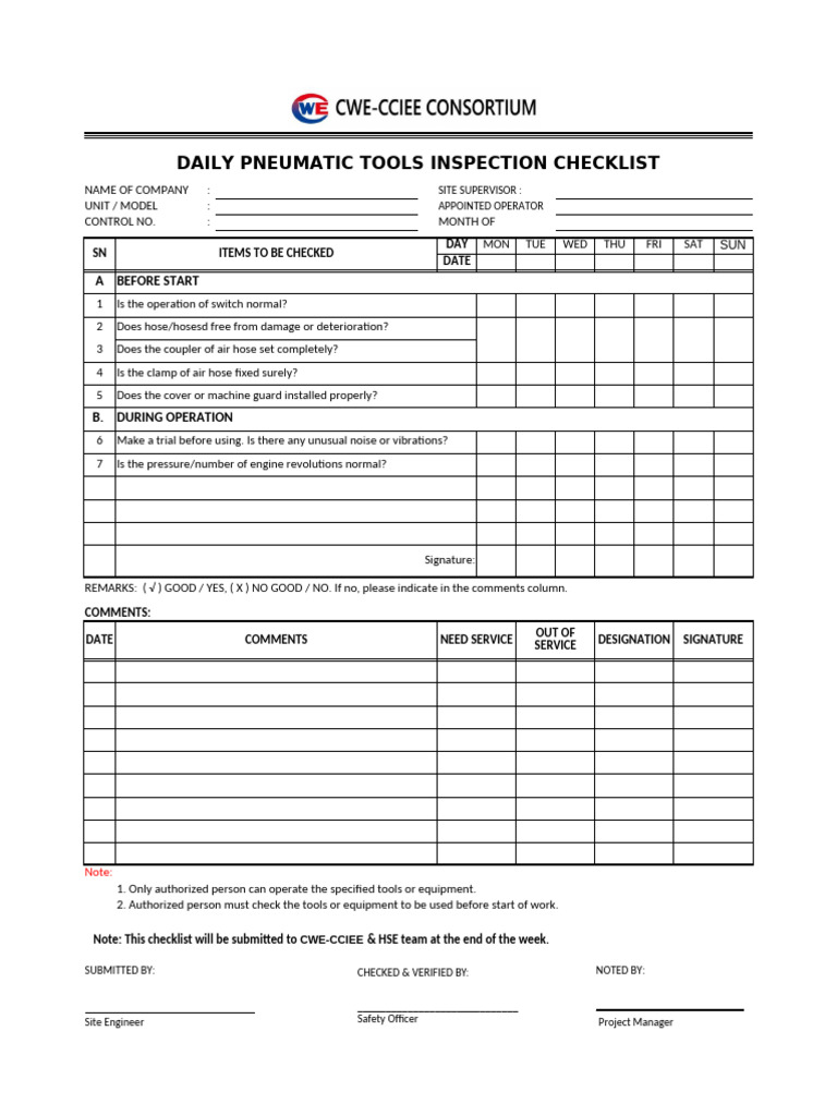 Daily Pneumatic Checklist | PDF