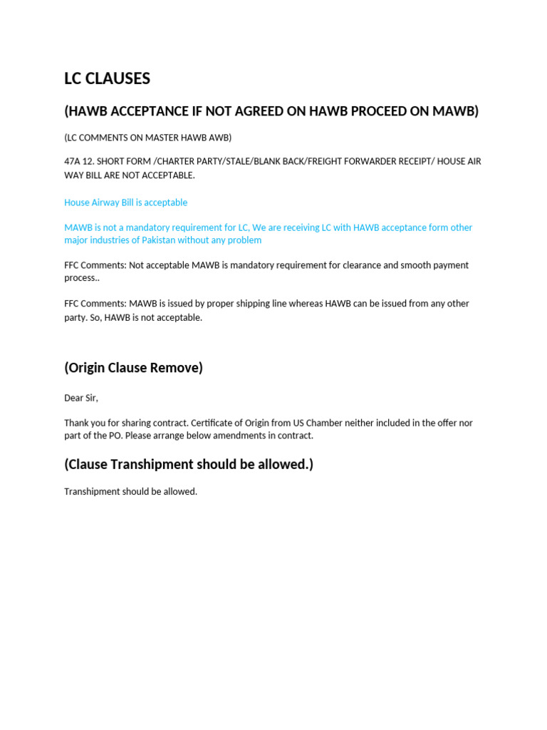 LC Clauses for Airway Bill Acceptance | PDF