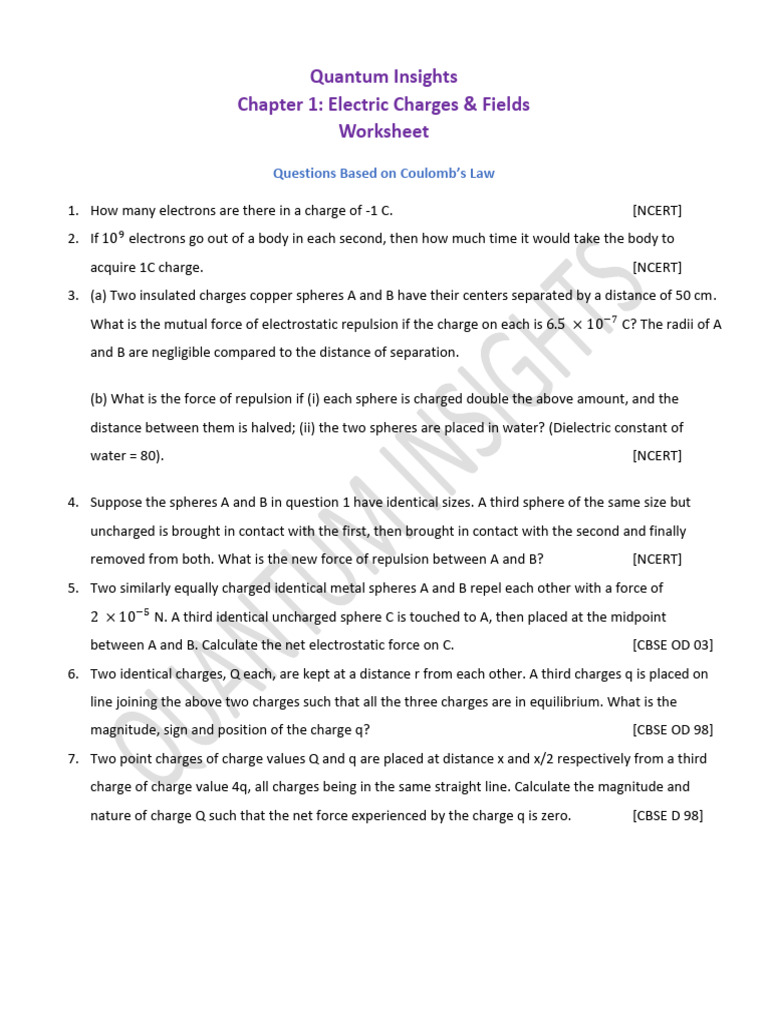 Questions - Electric Charges & Field - R3 | PDF | Physics | Physical ...