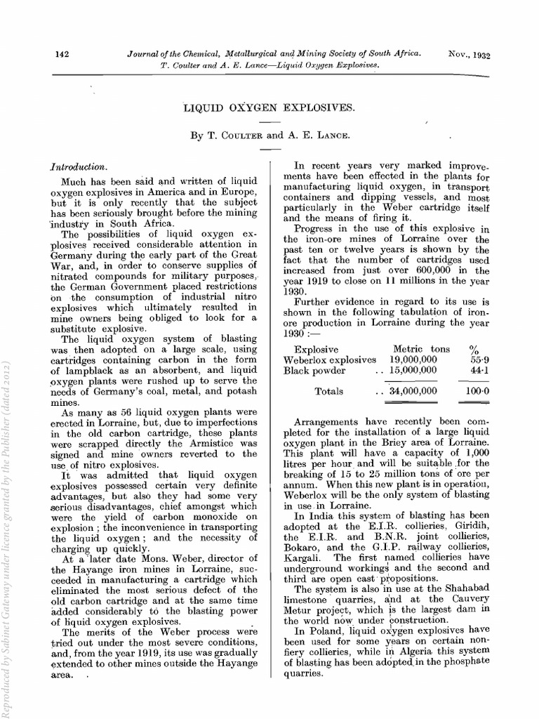 Coulter T Lance A e Liquid Oxygen Explosives | PDF | Carbon | Oxygen